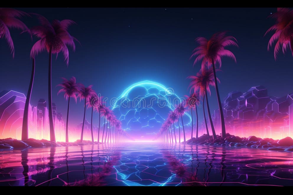 Synthwave Dreamscape Wireframe Net, Palm Trees, and Retrowave Road, 3D ...