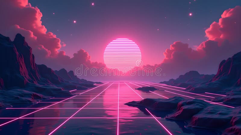 Synthwave Horizon, Neon Grid and Dreamy Sunset Stock Illustration ...
