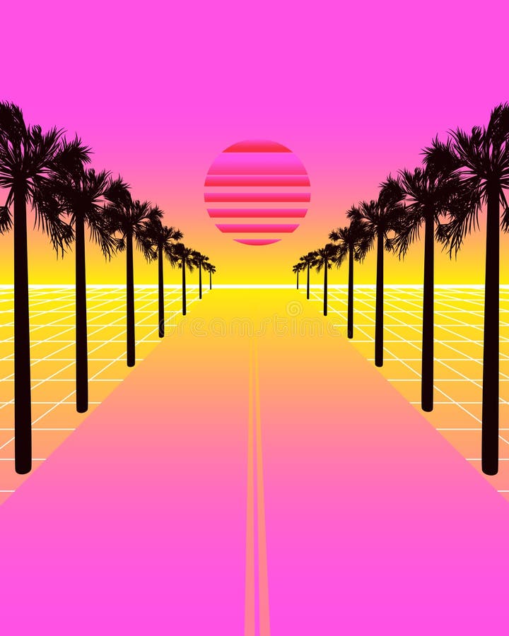 Synthwave Poster with Beach and Palms. Pink Sunset Stock Vector ...