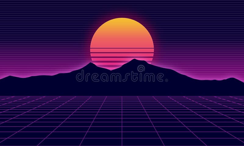 Skyline Retro Style. Vaporwave Futuristic 80`s Synthwave Landscape and ...