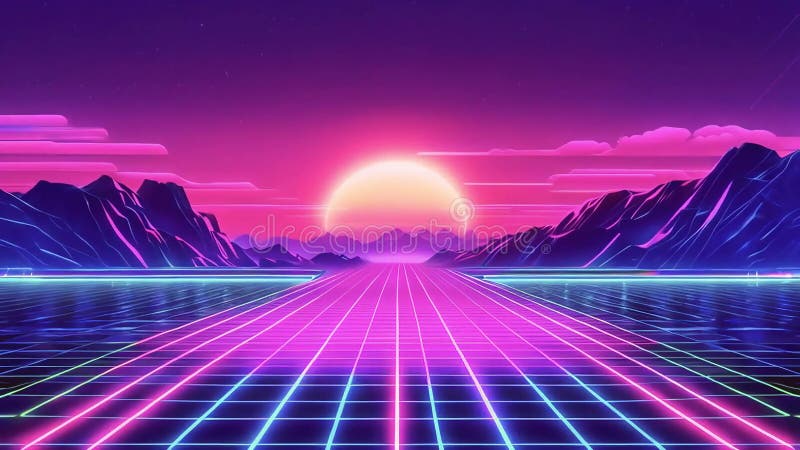 Synthwave Landscape Featuring a Grid Over Water, Mountains, and a ...