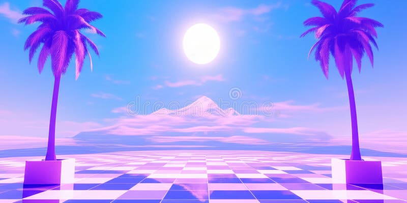 Synthwave Landscape with Palm Trees and Mountains in Retro Style Stock ...