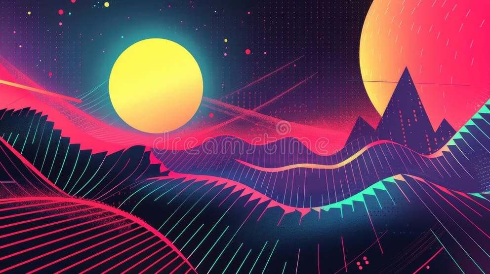 Synthwave Landscape with a Large Moon and Mountains in the Background ...