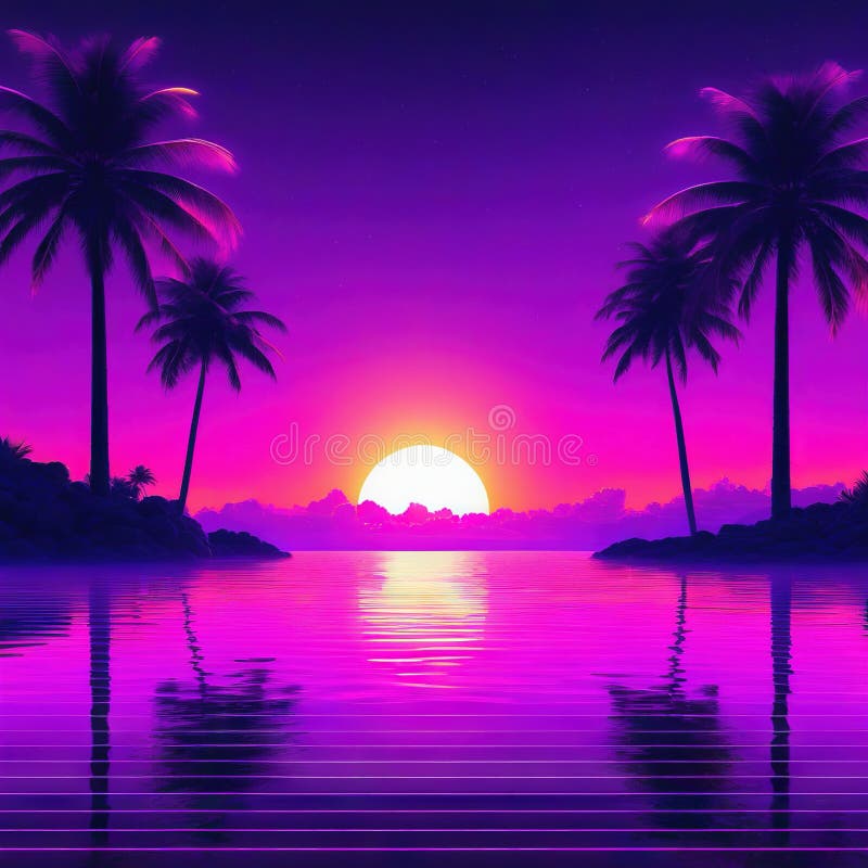 Synthwave Landscape with Palm Retro Wave Illustration Stock ...