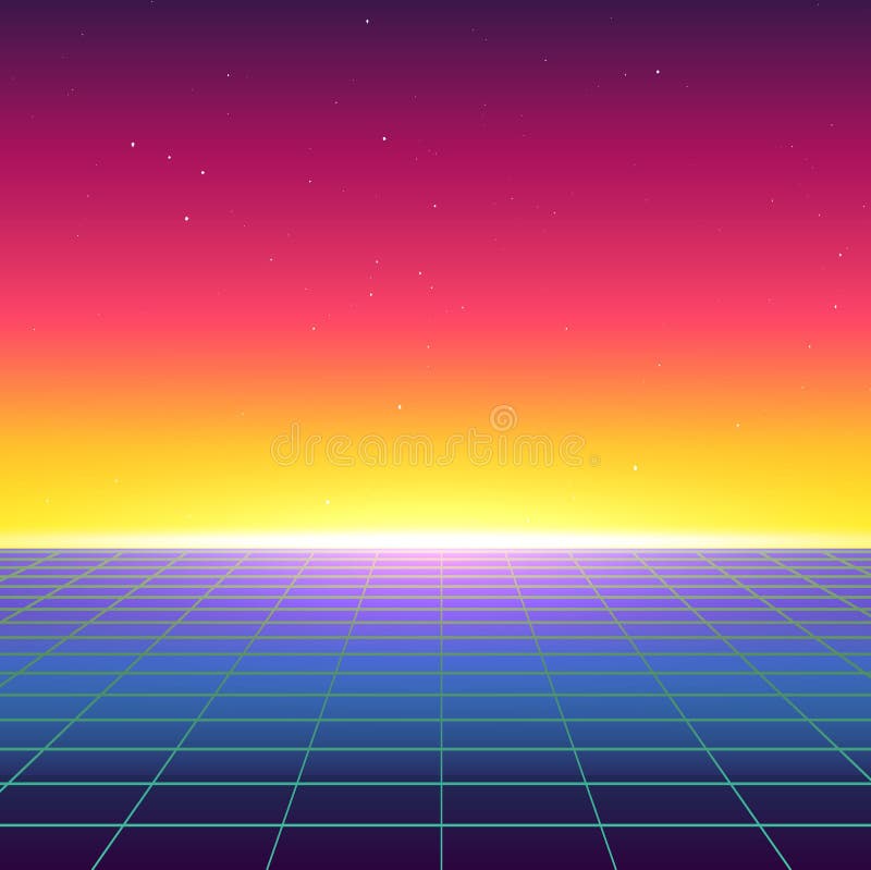Synthwave Illustration in 80 S Style with Sunset, Grid and Gradient ...