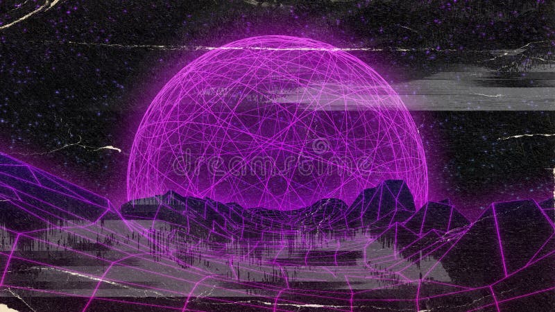 Synthwave Neon Glowing Sphere among Neon Mountains Stock Illustration ...