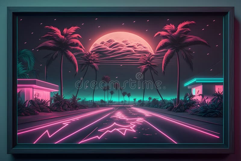 Synthwave Neon Landscape with Palm Trees and Sunset. Retro Style ...