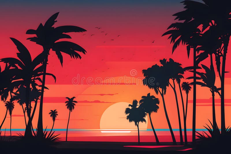 Synthwave Neon Landscape with Palm Trees and Sunset. Retro Style ...