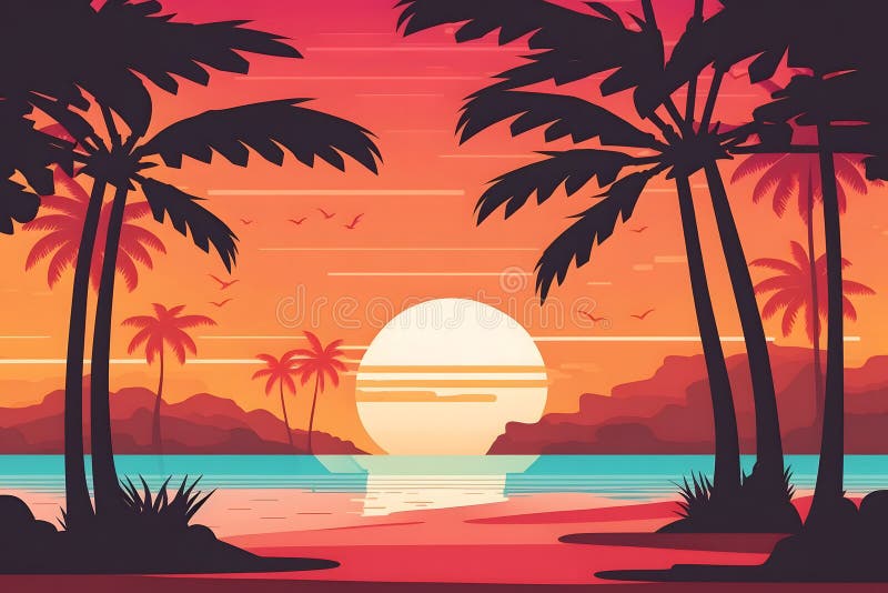 Synthwave Neon Landscape with Palm Trees and Sunset. Retro Style ...