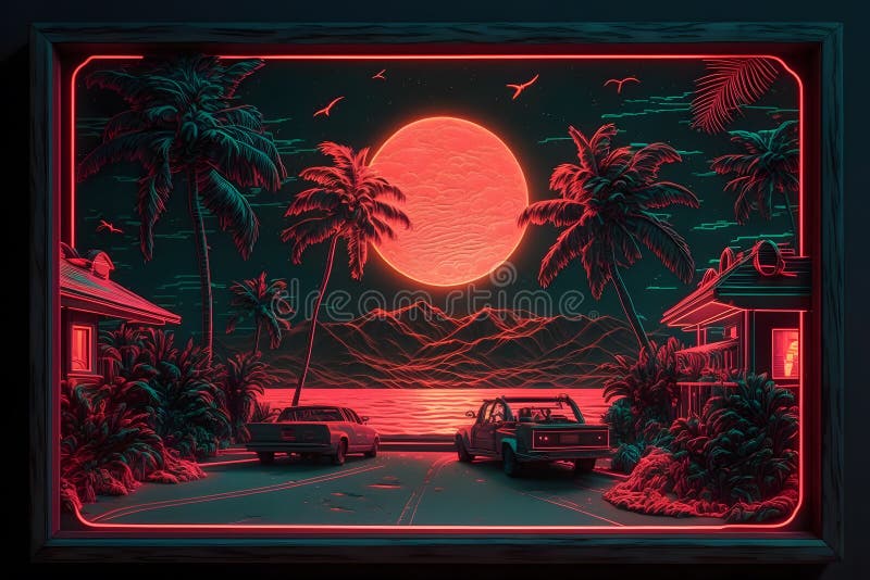 Synthwave Neon Landscape with Palm Trees and Sunset. Retro Style ...