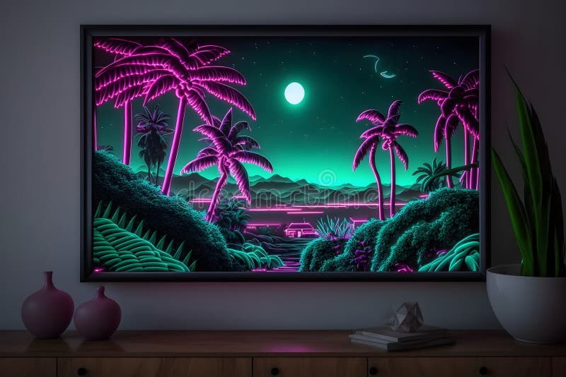 Synthwave Neon Landscape with Palm Trees and Sunset. Retro Style ...