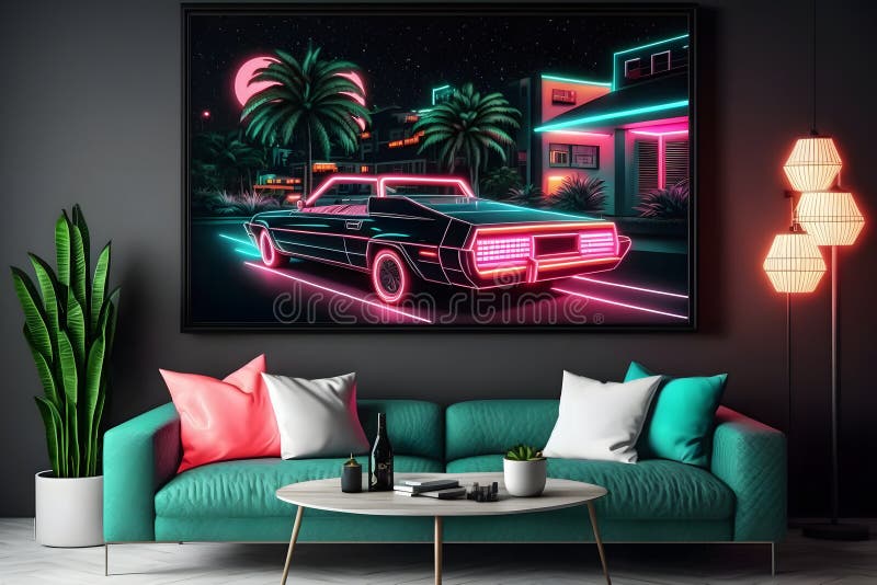 Synthwave Neon Landscape with Palm Trees and Sunset. Retro Style ...