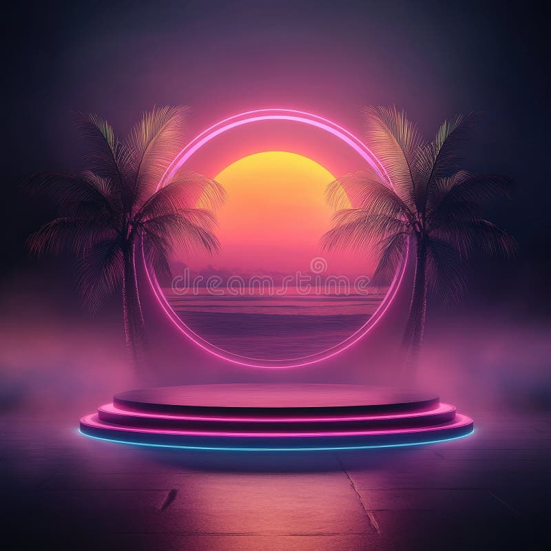 Synthwave Neon Stage with Tropical Sunset and Palms. Stock Illustration ...