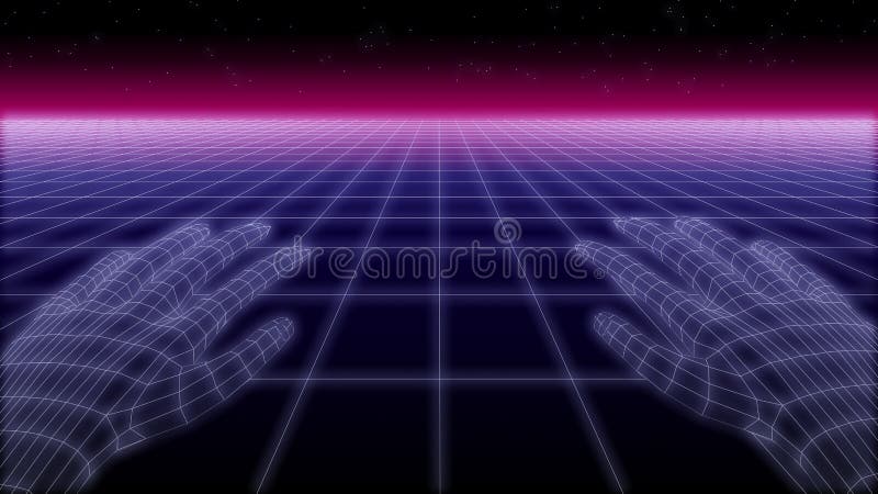 Synthwave Net and Hands Retro Background 3d Render Stock Illustration ...