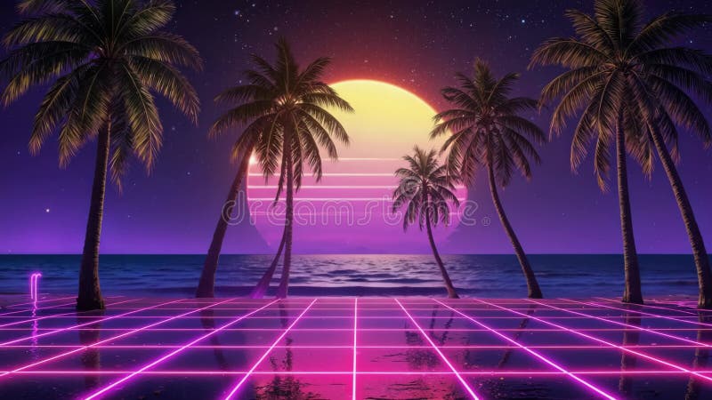 Synthwave Palms Reflecting on Neon Grid at Sunset. Stock Video - Video ...