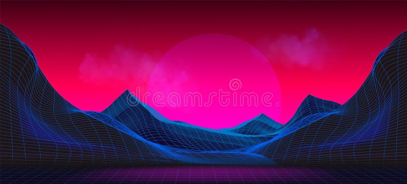 Synthwave Retro Background with Neon Pink Sunset. Stock Vector ...