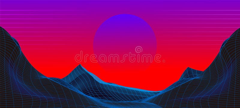 Synthwave Background with Grid Mountain and Sunset Stock Vector ...