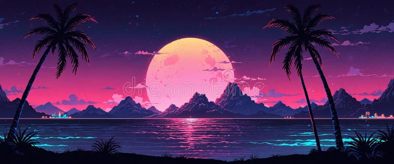 Synthwave Retro 8 Bit Pixel Art Landscape with Palms and Moon in Neon ...