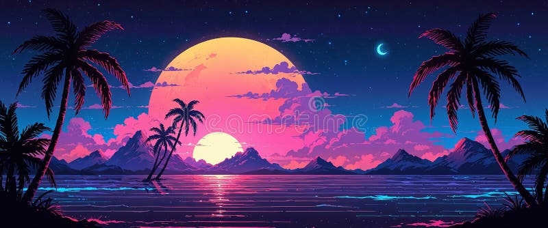 Synthwave Retro 8 Bit Pixel Art Landscape with Palms and Moon in Neon ...