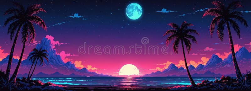 Synthwave Retro 8 Bit Pixel Art Landscape with Palms and Moon in Neon ...