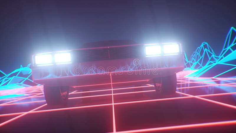 Synthwave Retro Car Driving through Neon Grid in Futuristic 3D ...