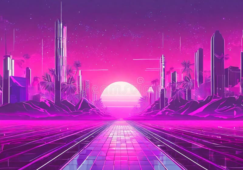 Synthwave Retro Cyberpunk Style City Landscape Background Stock ...