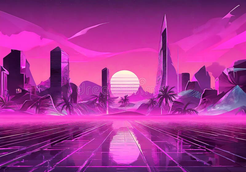 Synthwave Retro Cyberpunk Style City Landscape Background Stock ...