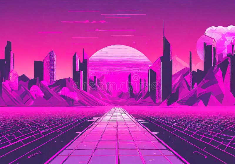 Synthwave Retro Cyberpunk Style City Landscape Background Stock ...