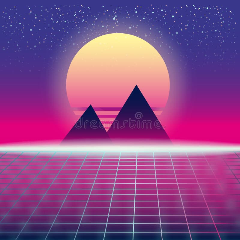 Synthwave Retro Futuristic Landscape with Pyramids Sun and Styled Laser ...