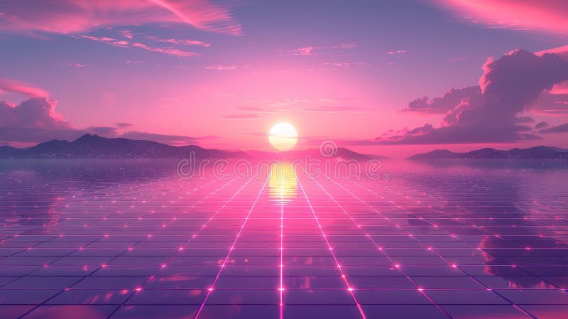 Synthwave Retro Futuristic Neon Grid Landscape, Featuring a Sunset and ...