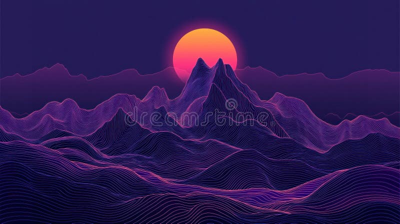 Synthwave Retro Landscape with Mountains and Setting Sun Stock Photo ...
