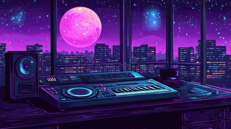 Synthwave Serenity Cityscape Soundscape Beneath a Cosmic Moon Stock ...