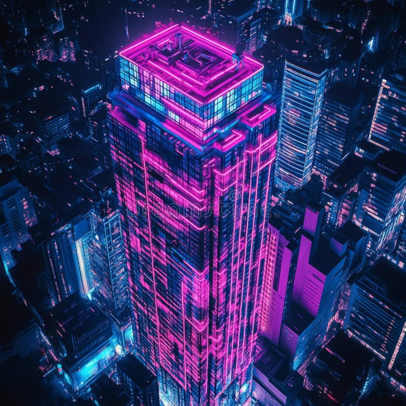 Synthwave Skyscraper Illuminated in Vibrant Neon Hues Stock ...