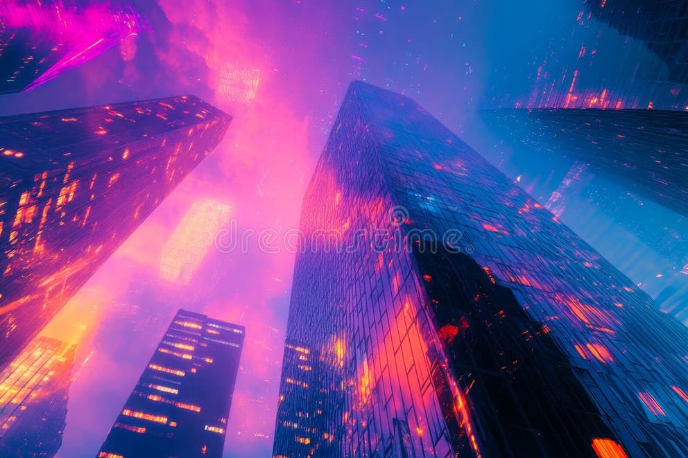Synthwave Skyscraper Overlaid with Dynamic City Lights Stock ...
