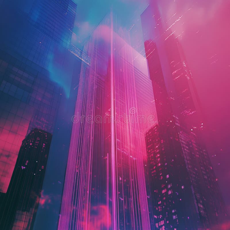 Synthwave Skyscraper Shown through a Double Exposure Effect Stock ...