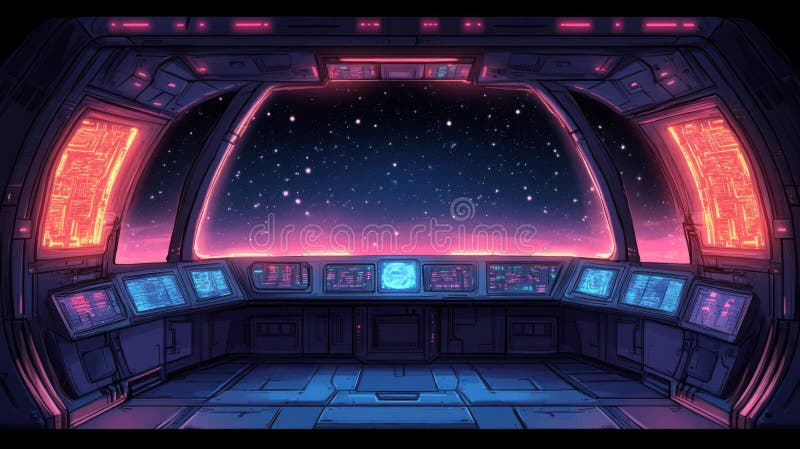 Synthwave Spaceship Bridge stock photo. Image of night - 367097542