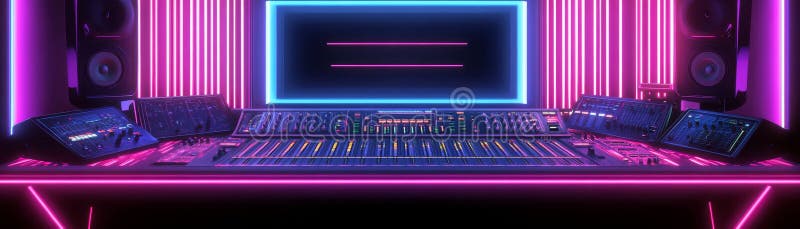 Synthwave Studio Neon Pink and Blue Mixing Console, 3D Render, Music ...
