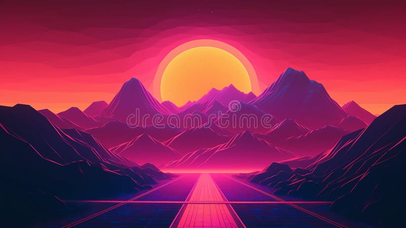 Synthwave Style Landscape with Road, Mountains, and Sunset Stock ...