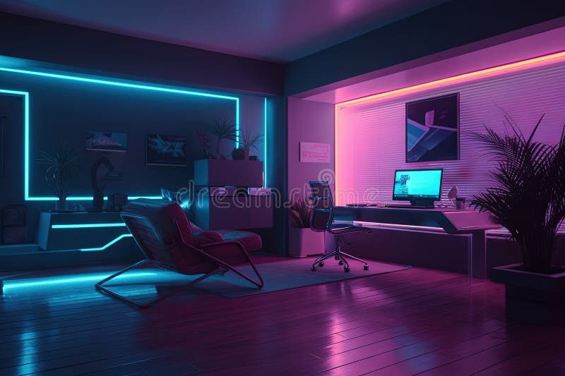 Synthwave Style Neon Room. Retro Interior in 80s Style with Neon Lights ...