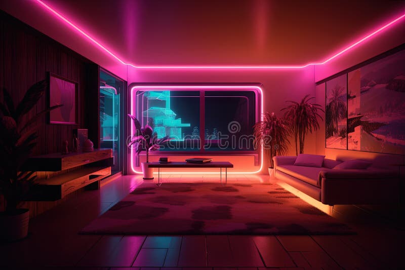 Synthwave Style Neon Room. Retro Interior in 80s Style with Neon Lights ...