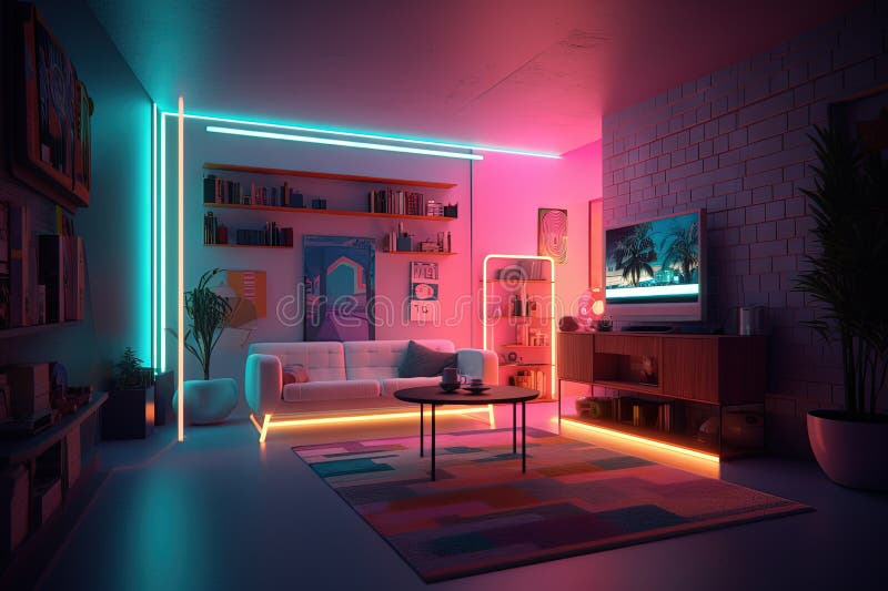 Synthwave Style Neon Room. Retro Interior in 80s Style with Neon Lights ...