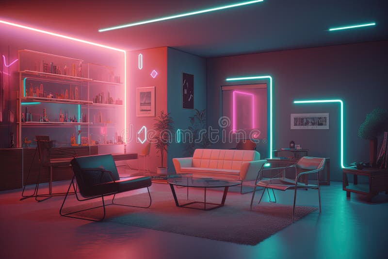 Synthwave Style Neon Room. Retro Interior in 80s Style with Neon Lights ...
