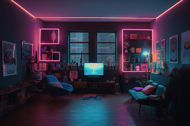 Synthwave Style Neon Room. Retro Interior in 80s Style with Neon Lights ...