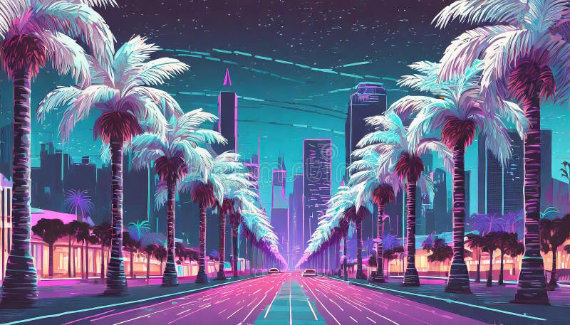 Synthwave Style Perspective of Street of Big City with Palm Trees Lined ...