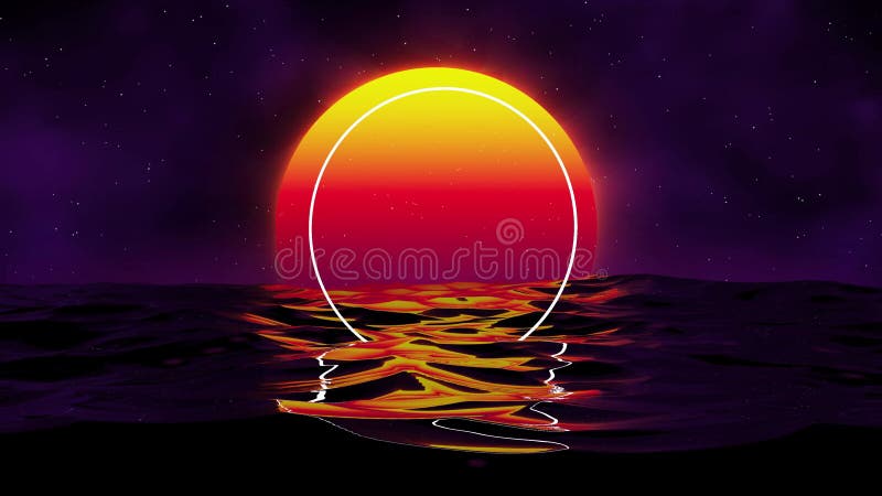 Synthwave Style Sunset Above the Reflecting Water of the Sea with Neon ...