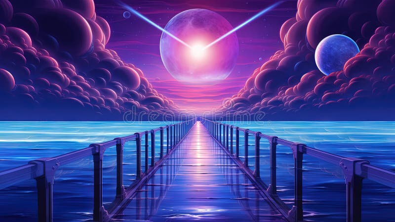 Synthwave Styled Pier, a Bridge To the Horizon in Purple and Blue ...