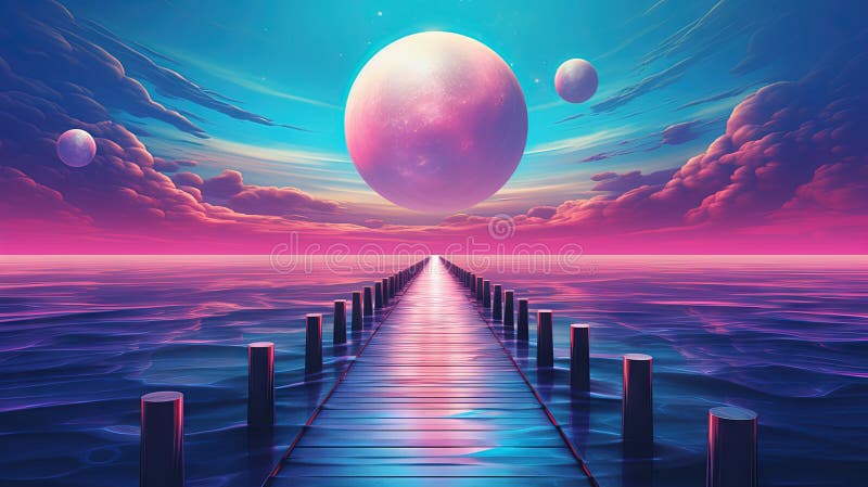 Synthwave Styled Pier, a Bridge To the Horizon in Purple and Blue ...