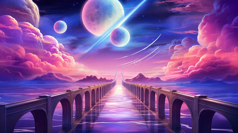 Synthwave Styled Pier, a Bridge To the Horizon in Purple and Blue ...