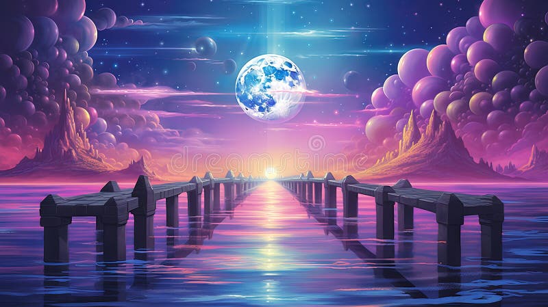 Synthwave Styled Pier, a Bridge To the Horizon in Purple and Blue ...