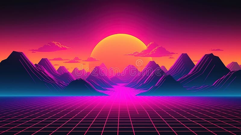 Synthwave Sunset Background 80s. Low Poly Landscape, Neon Lights Stock ...